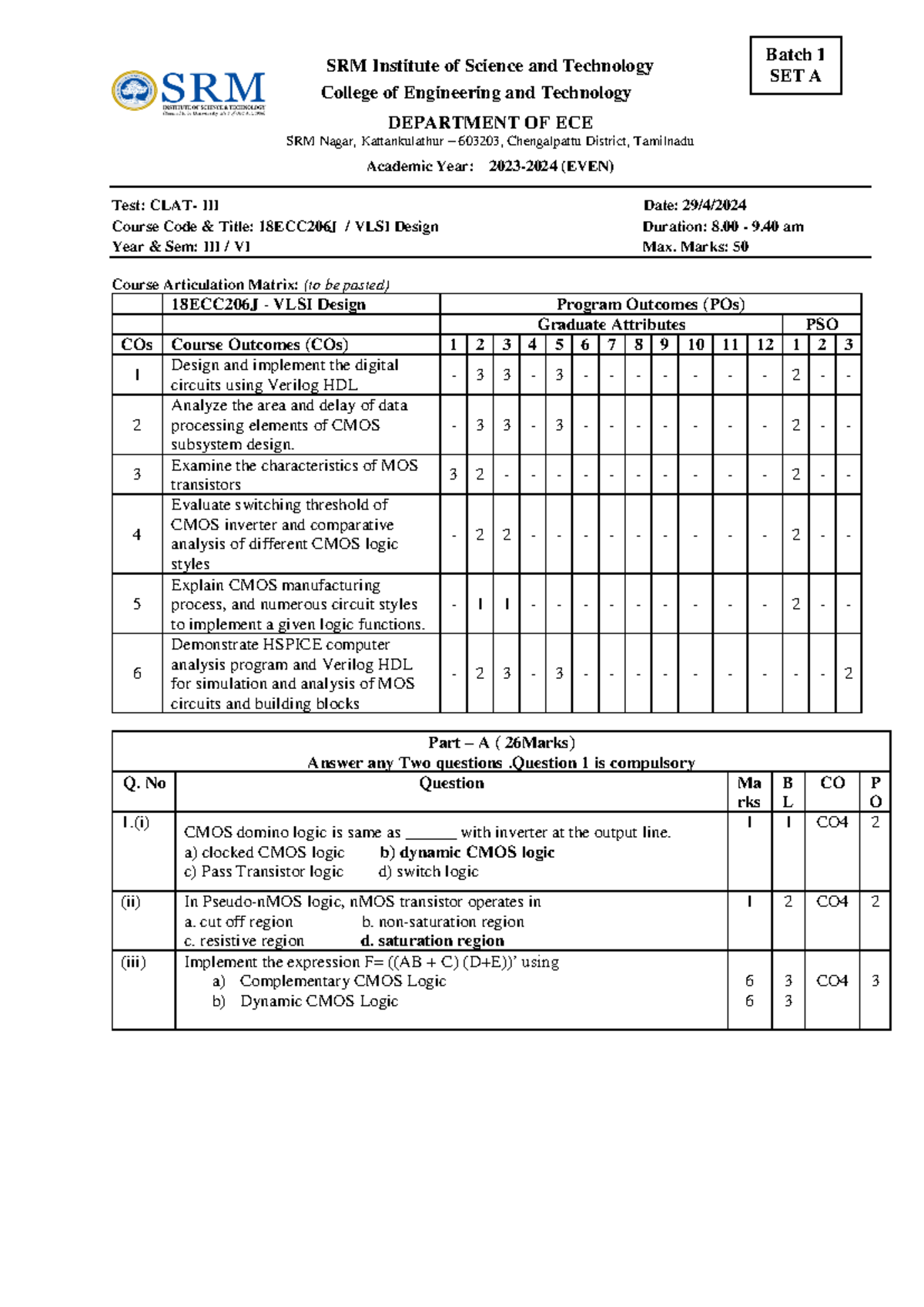 VLSI CT3 2023-2024 set A batch 1 - SRM Institute of Science and ...