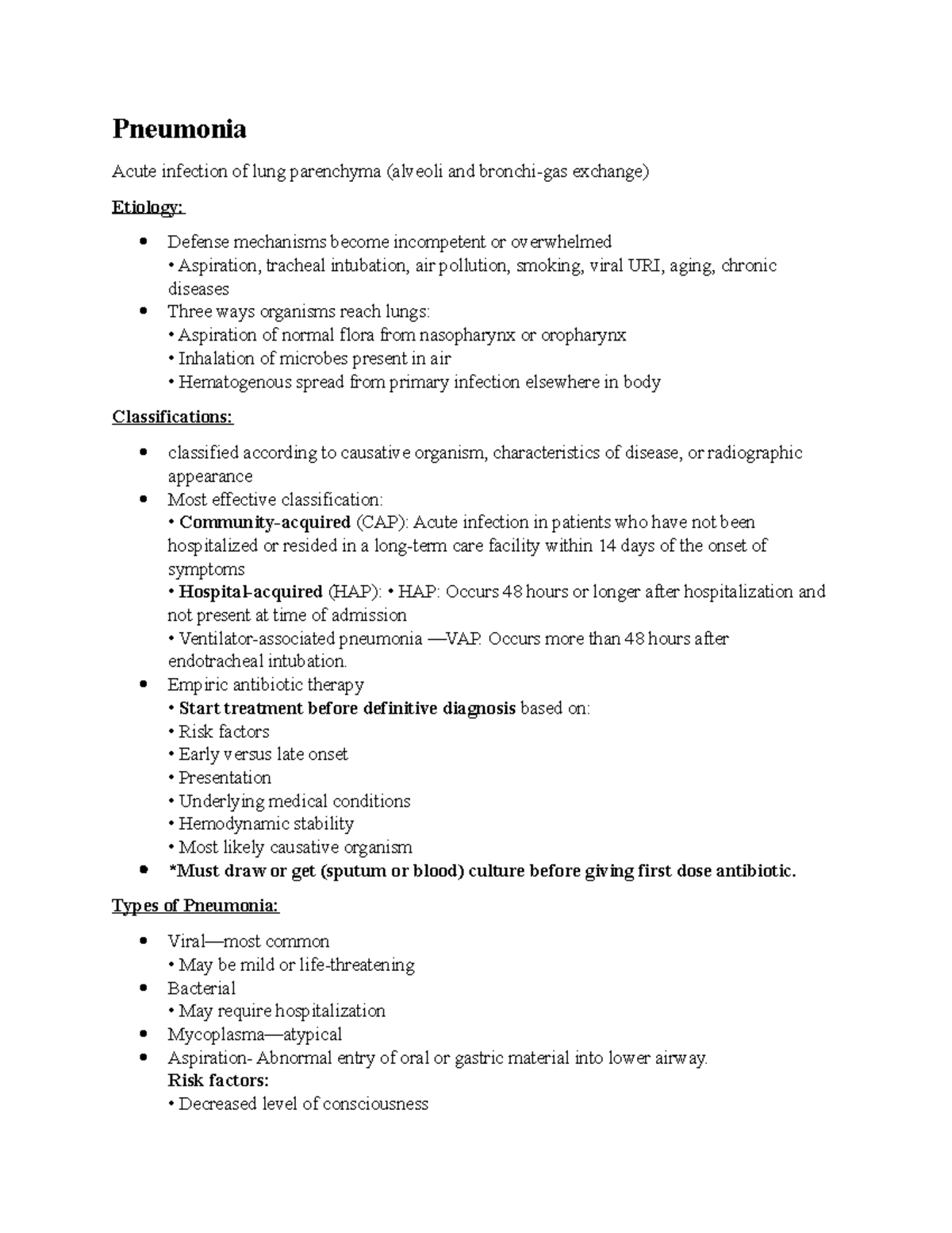 Pneumonia - Notes to study - Pneumonia Acute infection of lung ...