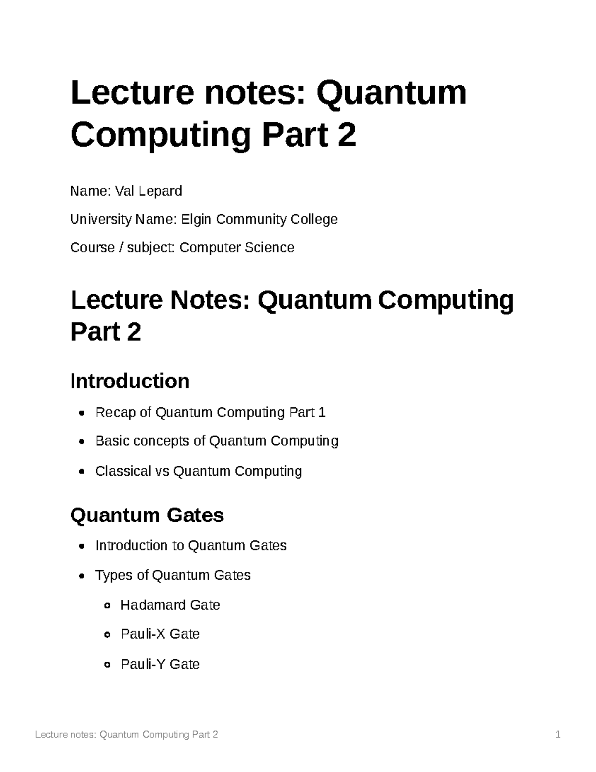Lecture Notes Quantum Computing Part 2 Lecture Notes Quantum Computing Part 2 Name Val 7795
