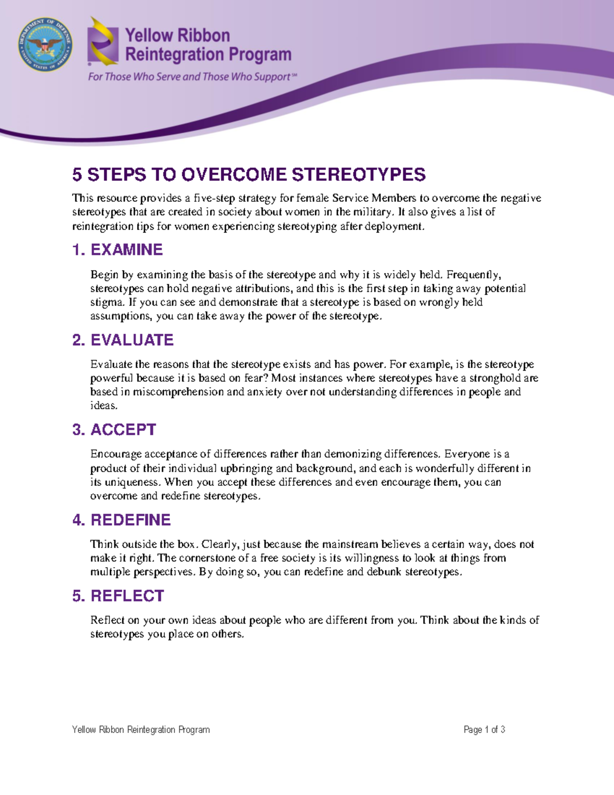 Resource 5 Steps to Overcome Stereotypes - Yellow Ribbon Reintegration ...