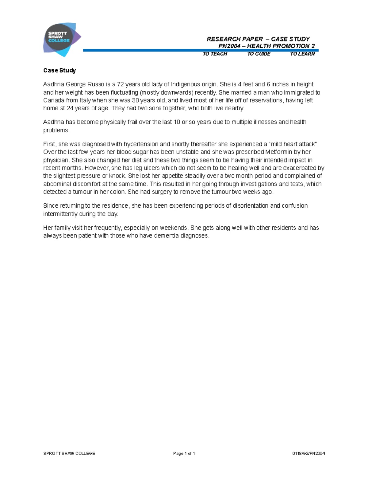 Research Paper Case Study - RESEARCH PAPER – CASE STUDY PN2004 – HEALTH ...