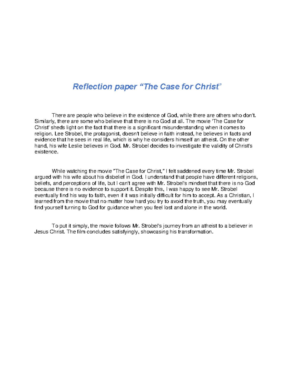 Reflection paper - nothing - Reflection paper “The Case for Christ ...