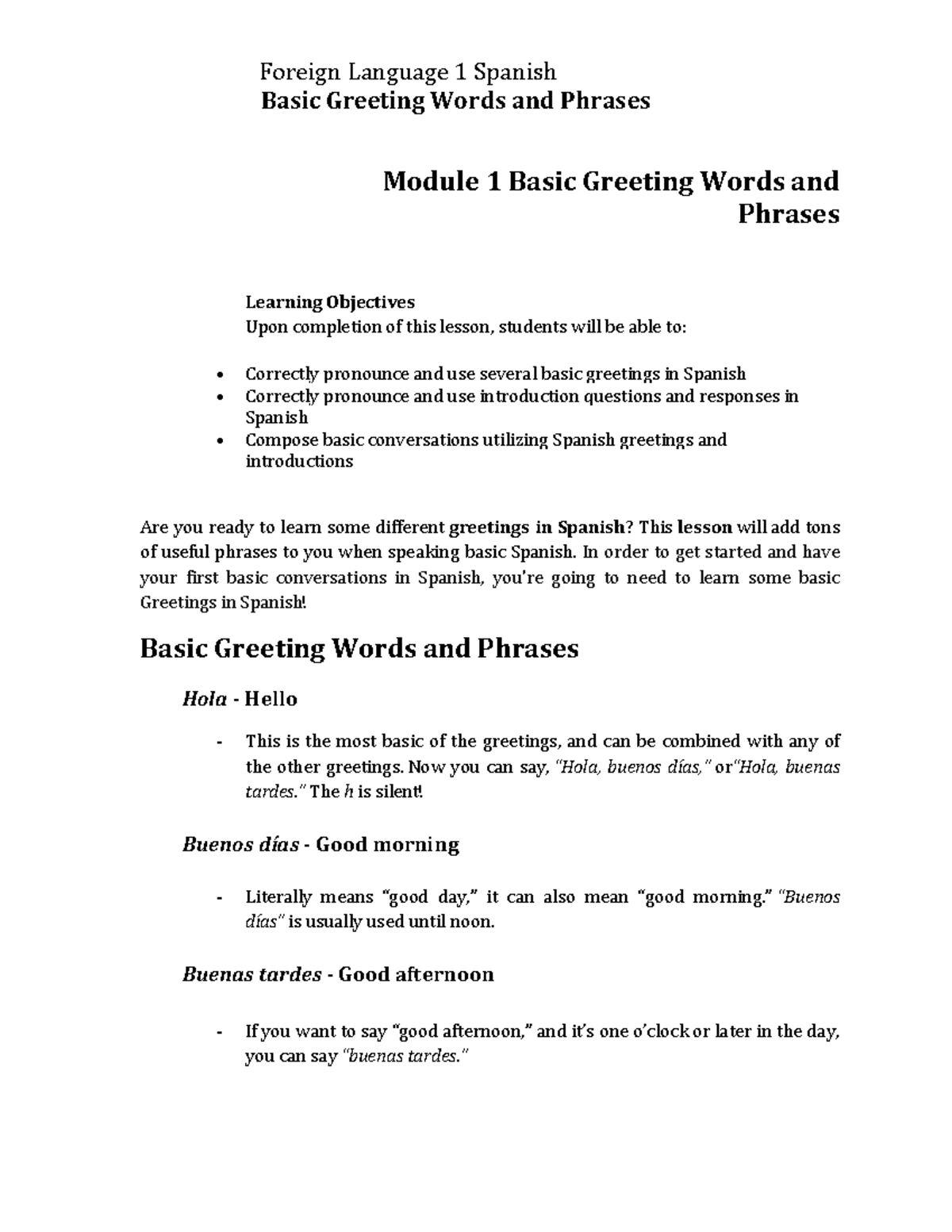 Week 1-Greetings module - Basic Greeting Words and Phrases Module 1 ...