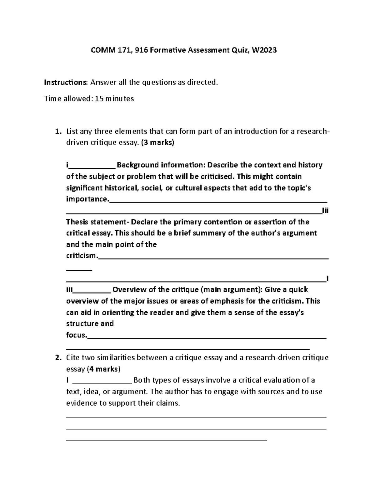 COMM 171, 916 Formative Assessment Quiz - COMM 171, 916 Formative Assessment Quiz, W ...