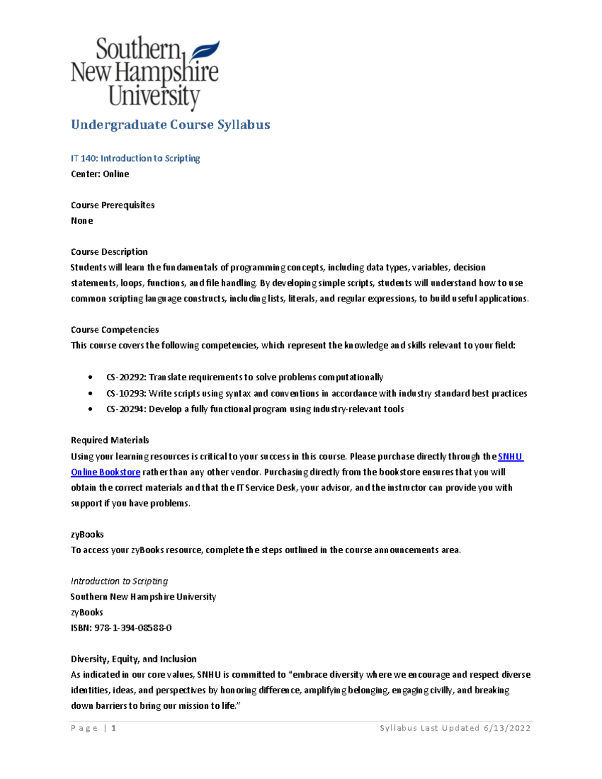 IT 140 Syllabus - Undergraduate Course Syllabus IT 140: Introduction to ...