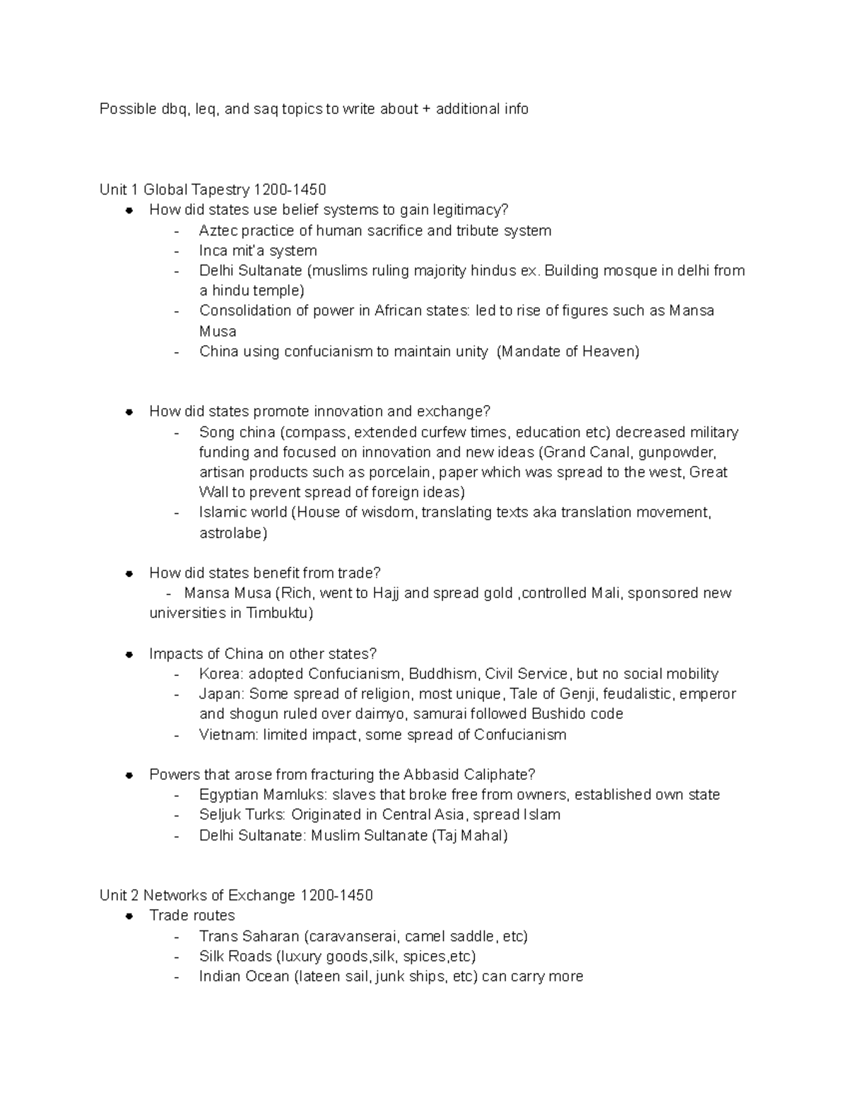 WHAP exam review - Possible dbq, leq, and saq topics to write about ...