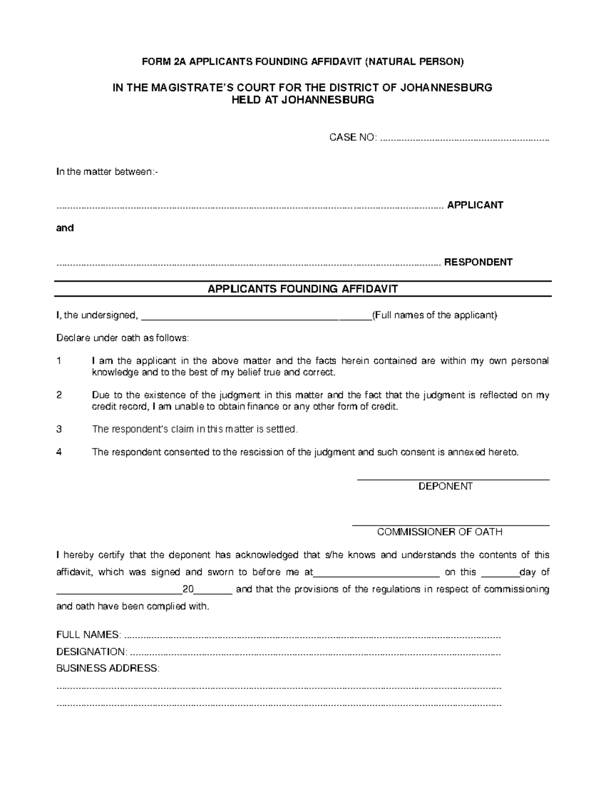 Form2A applicants founding affidavit from chapter 10 of practical ...