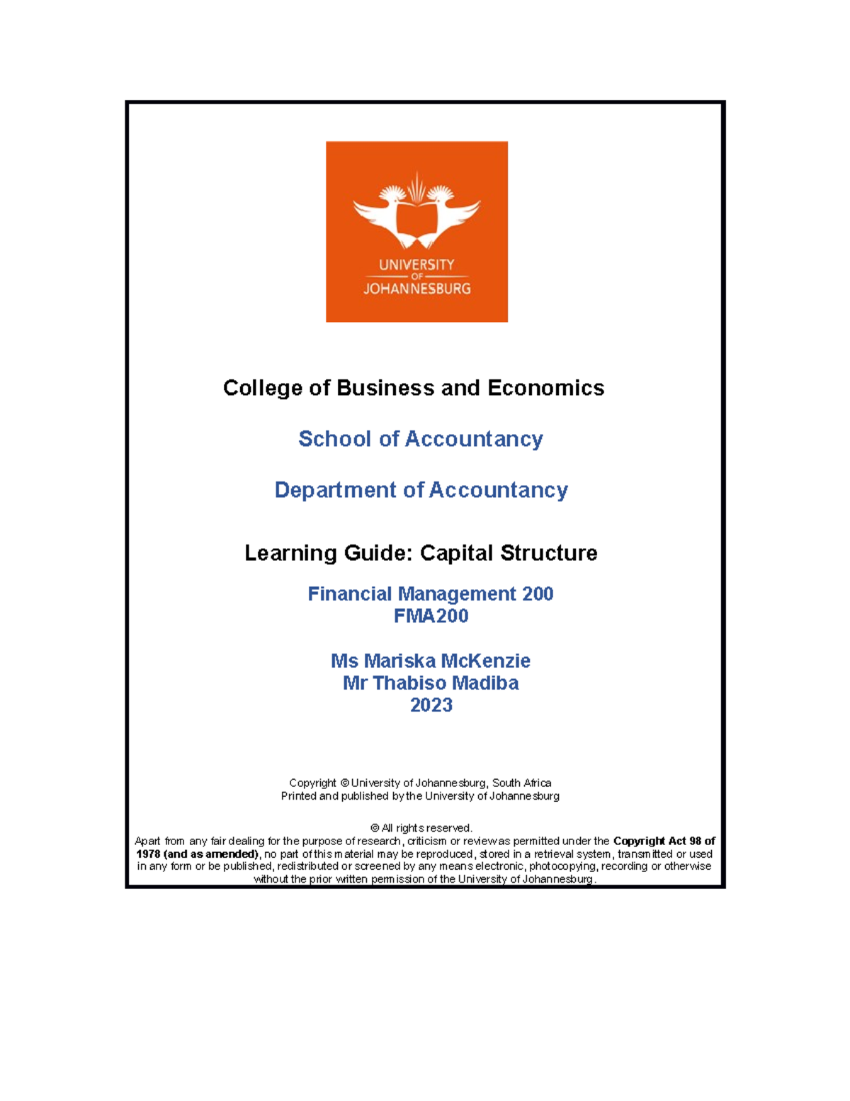 2023 Capital Structure Module - College of Business and Economics ...