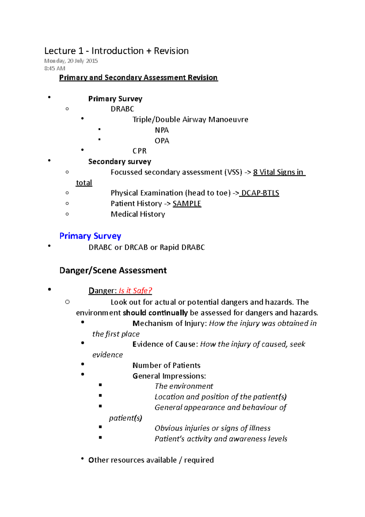 Paramedic Notes Csb332 Scanlon - Lecture 1 Introduction Revision Monday ...