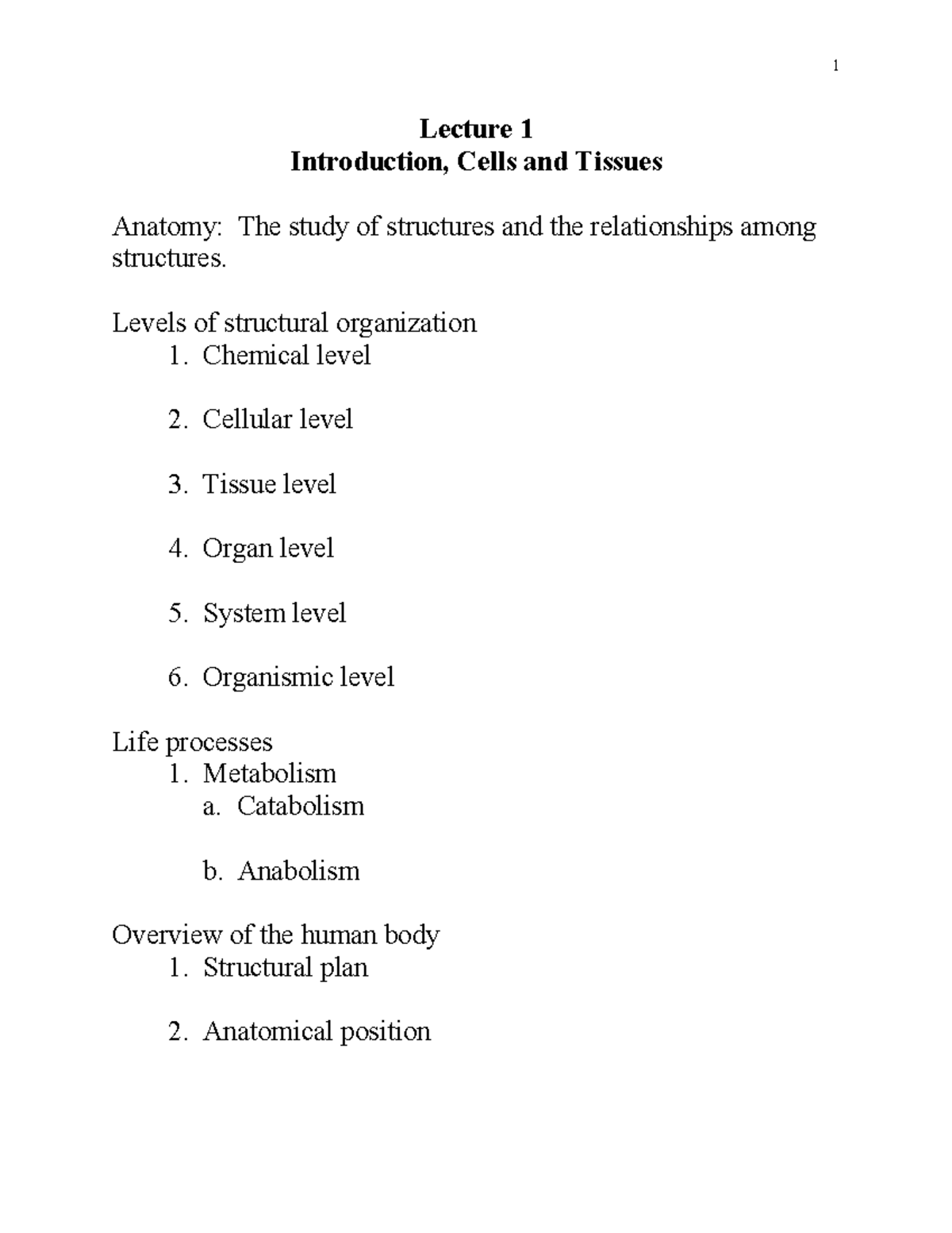 Anatomy Lecture Notes Packet Unit I Lecture 1 Introduction Cells And
