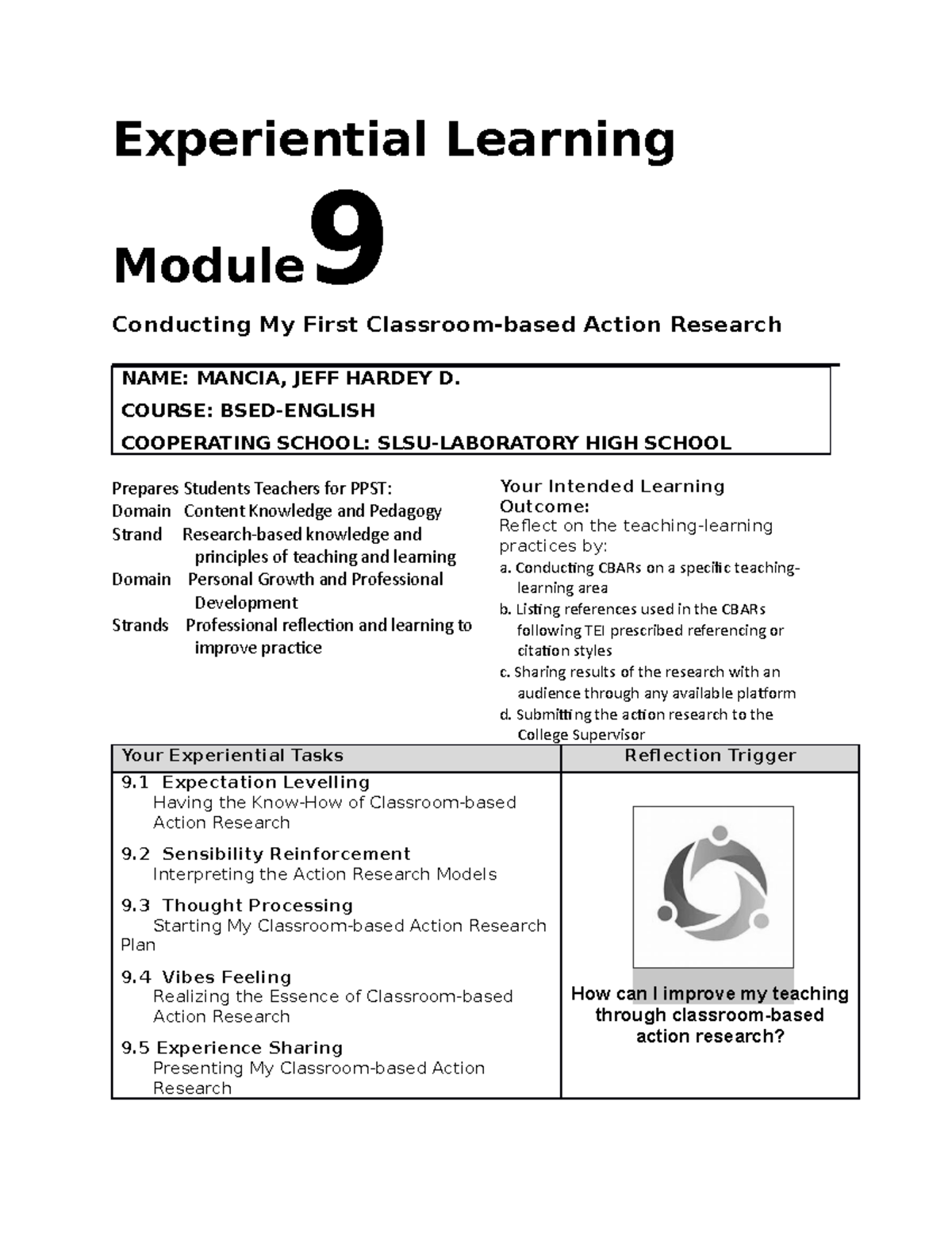 Mancia- Module 9 - Experiential Learning Module 9 Conducting My First ...