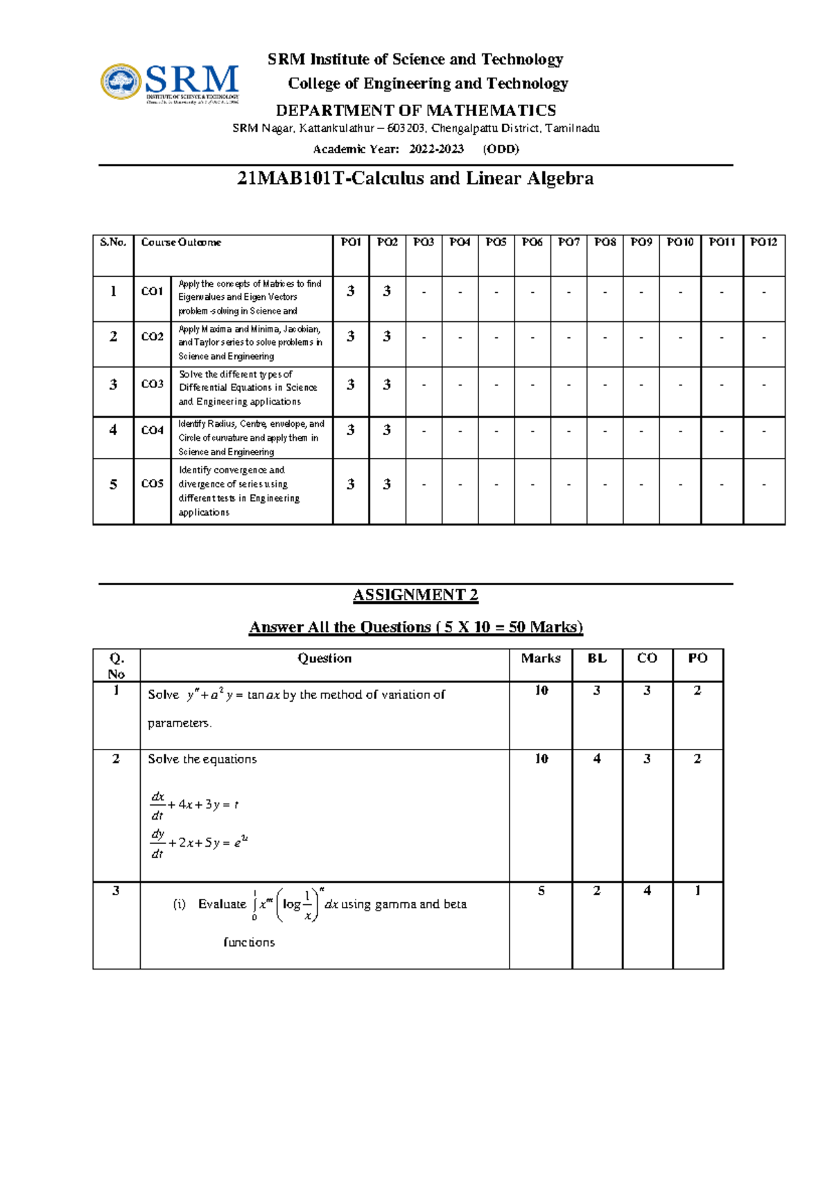 21MAB101T Assignment 2 - SRM Institute of Science and Technology College of Engineering and ...