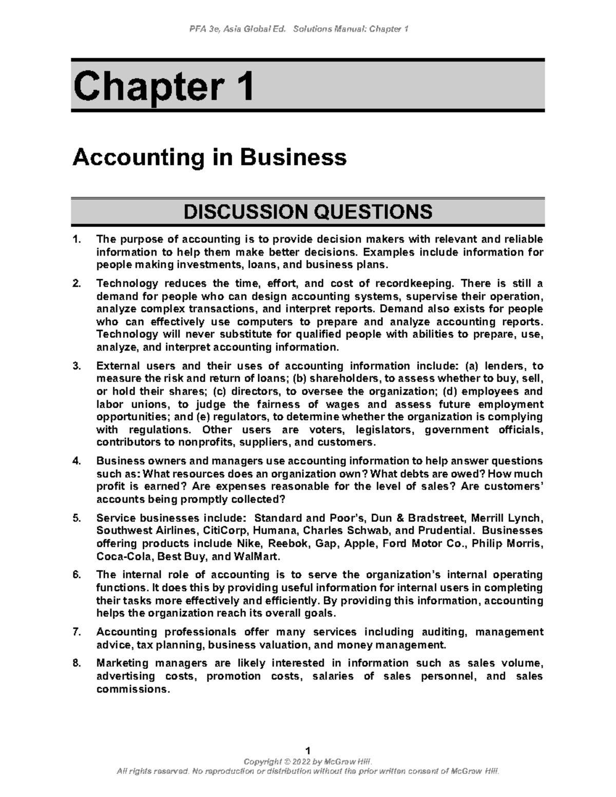 Ch 1解答 - answer - ####### 1 Copyright © 20 22 by McGraw Hill. Chapter 1 ...