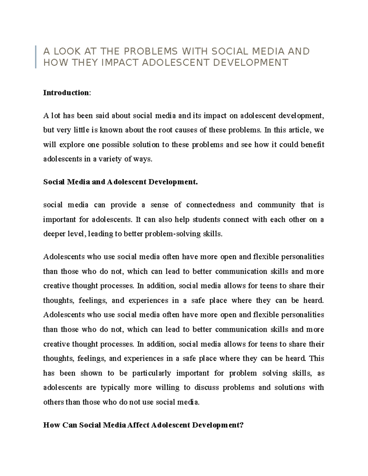 A LOOK AT THE Problems WITH Social Media AND HOW THEY Impact Adolescent ...