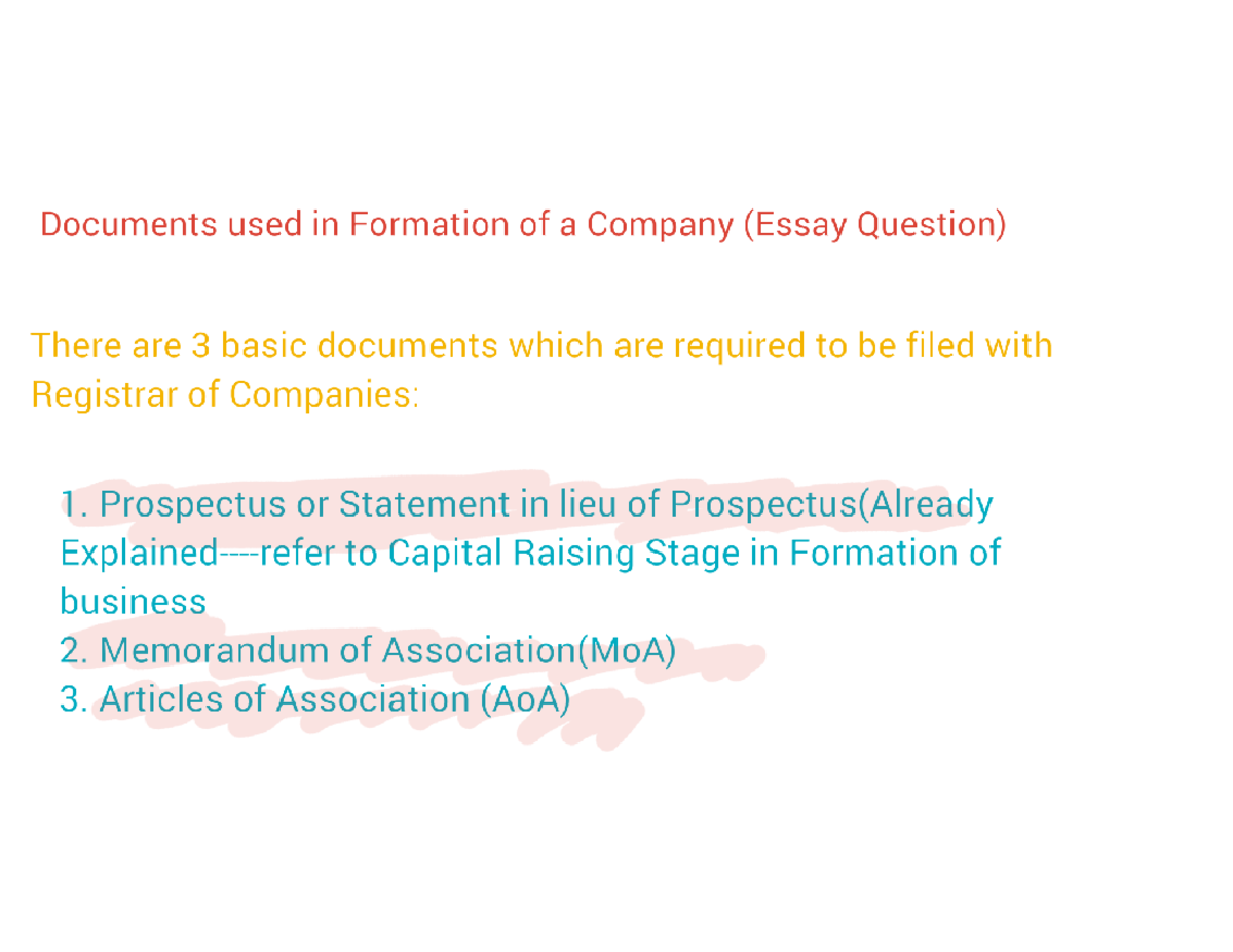 Documents used in formation of company - Capital market - Studocu