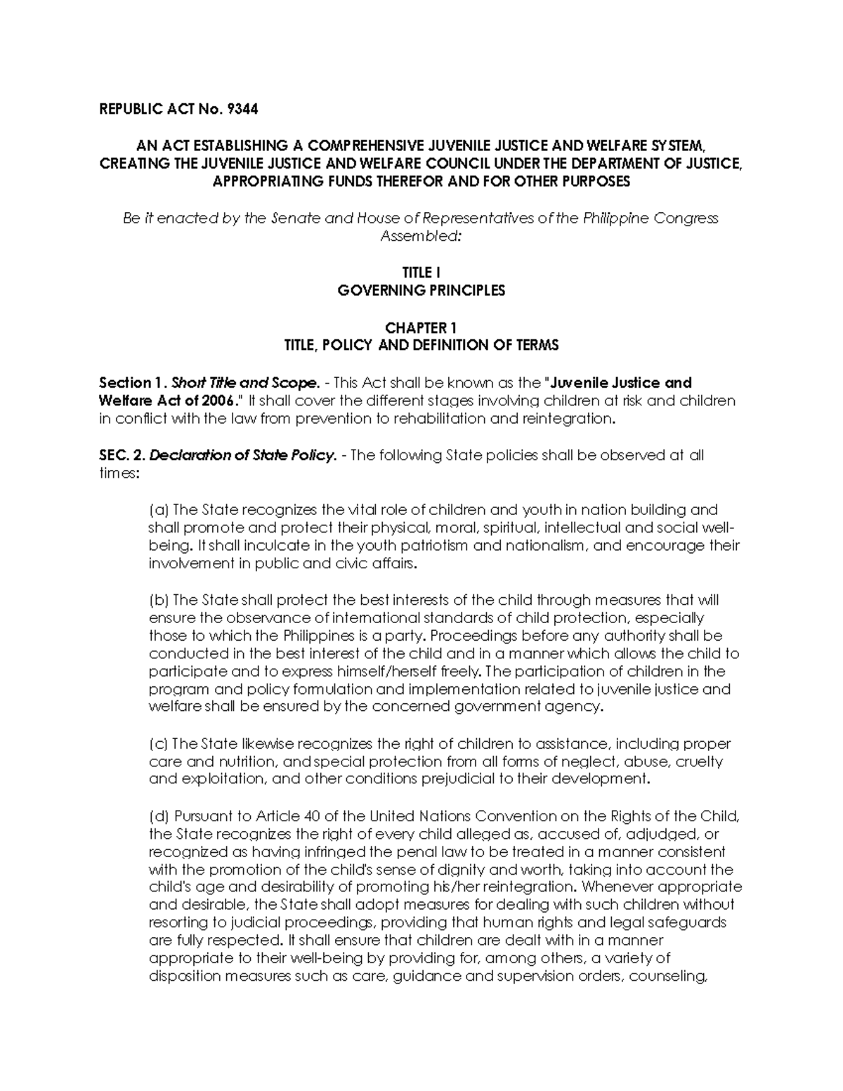 RA 9344 Copy AN ACT ESTABLISHING A COMPREHENSIVE JUVENILE JUSTICE