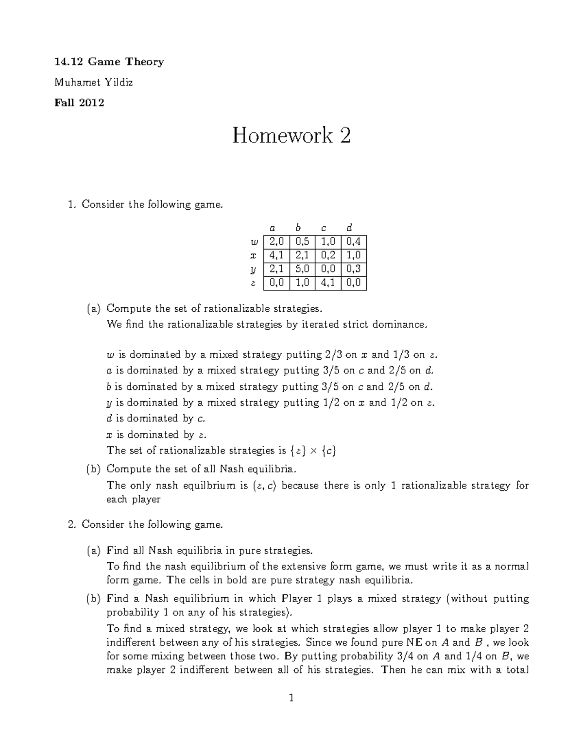 Seminar assignments - Problem set 2 with solutions - 14 Game Theory ...
