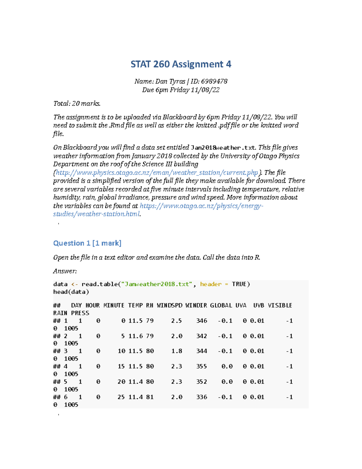 A4 - R studio code - STAT 260 Assignment 4 Name: Dan Tyras | ID: 6989478 Due 6pm Friday 11/08 ...