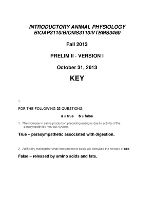 Practice Prelim 1 Answers - INTRODUCTORY ANIMAL PHYSIOLOGY BIOAP3110 ...