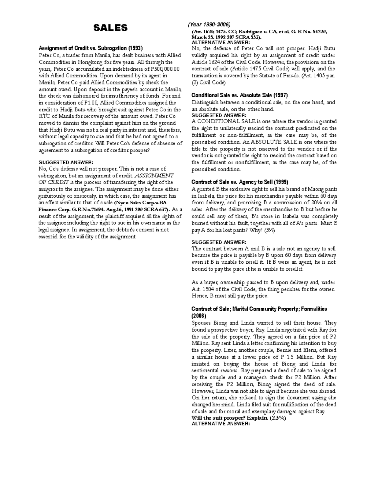 Pdfcoffee - practice set - SALES Assignment of Credit vs. Subrogation ...