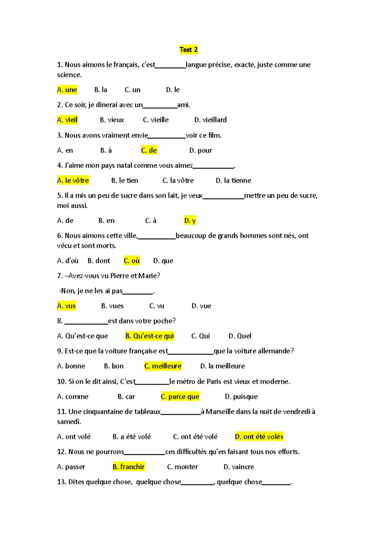 French grammer test2 - Test 2 Nous aimons le français, c’est langue ...