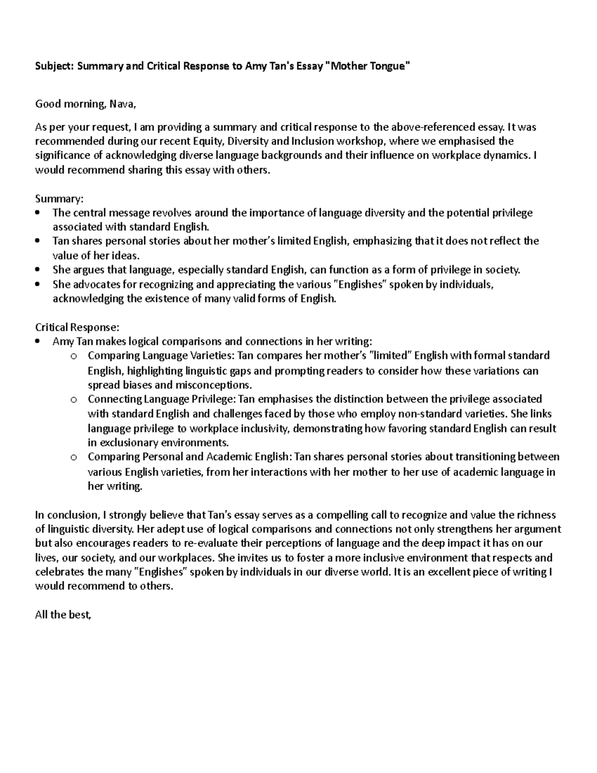 Excellent Critical Response in an Email - Sample - Subject: Summary and ...