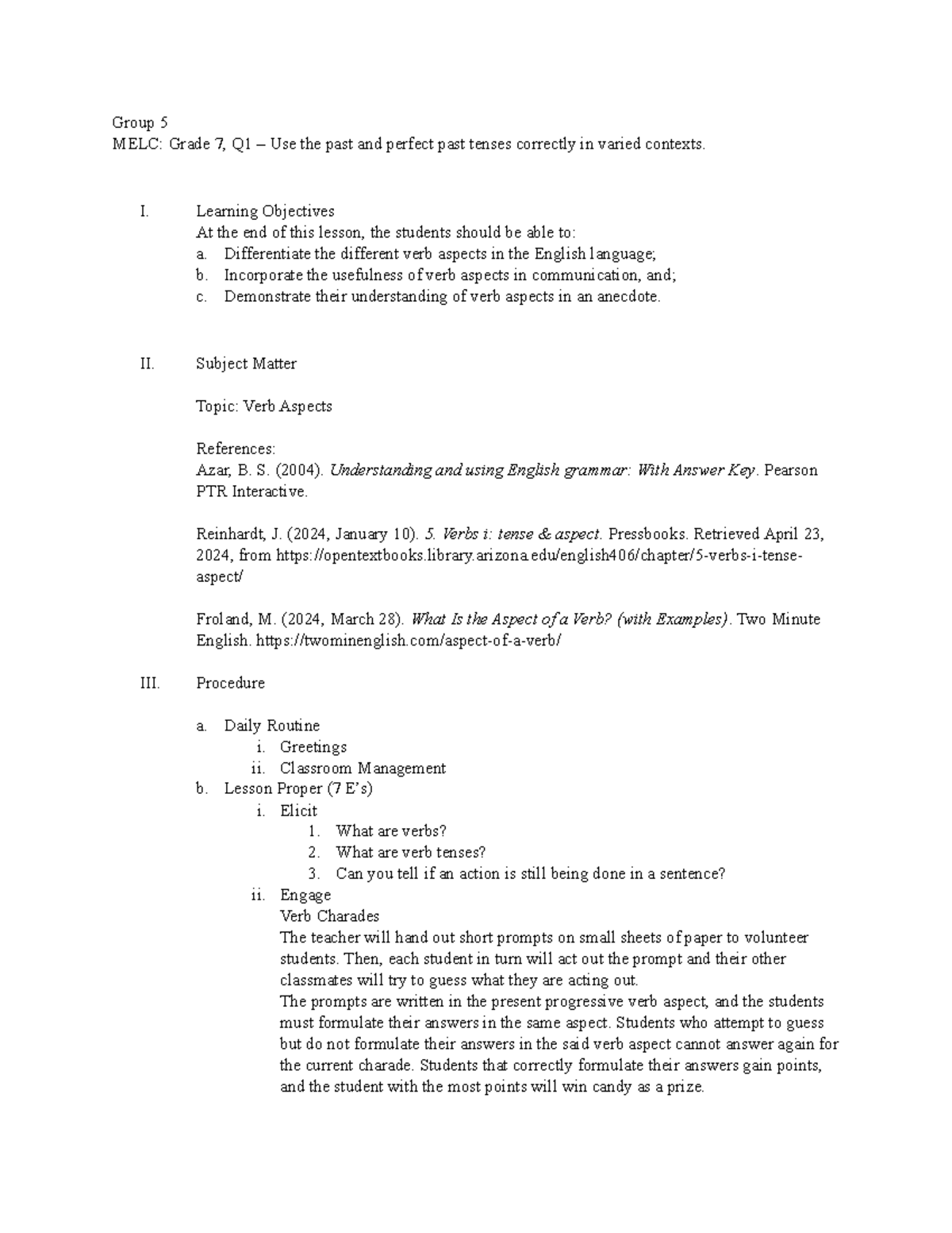 Micro Demo Lesson Plan on Verb Aspects - Group 5 MELC: Grade 7, Q1 ...