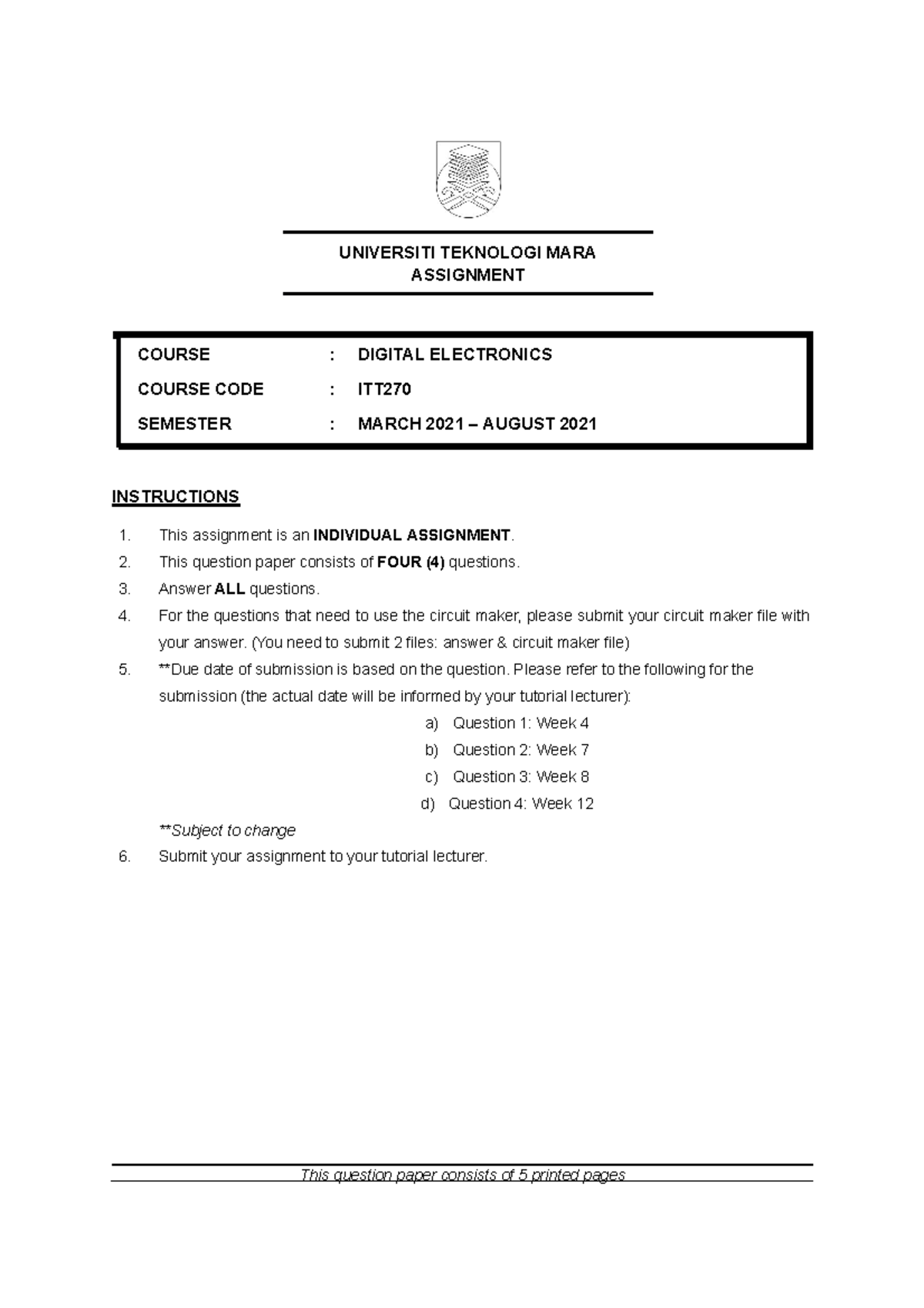 ITT270 INDIVIDUAL ASSIGNMENT (2021) AND,NOR GATE - UNIVERSITI TEKNOLOGI ...