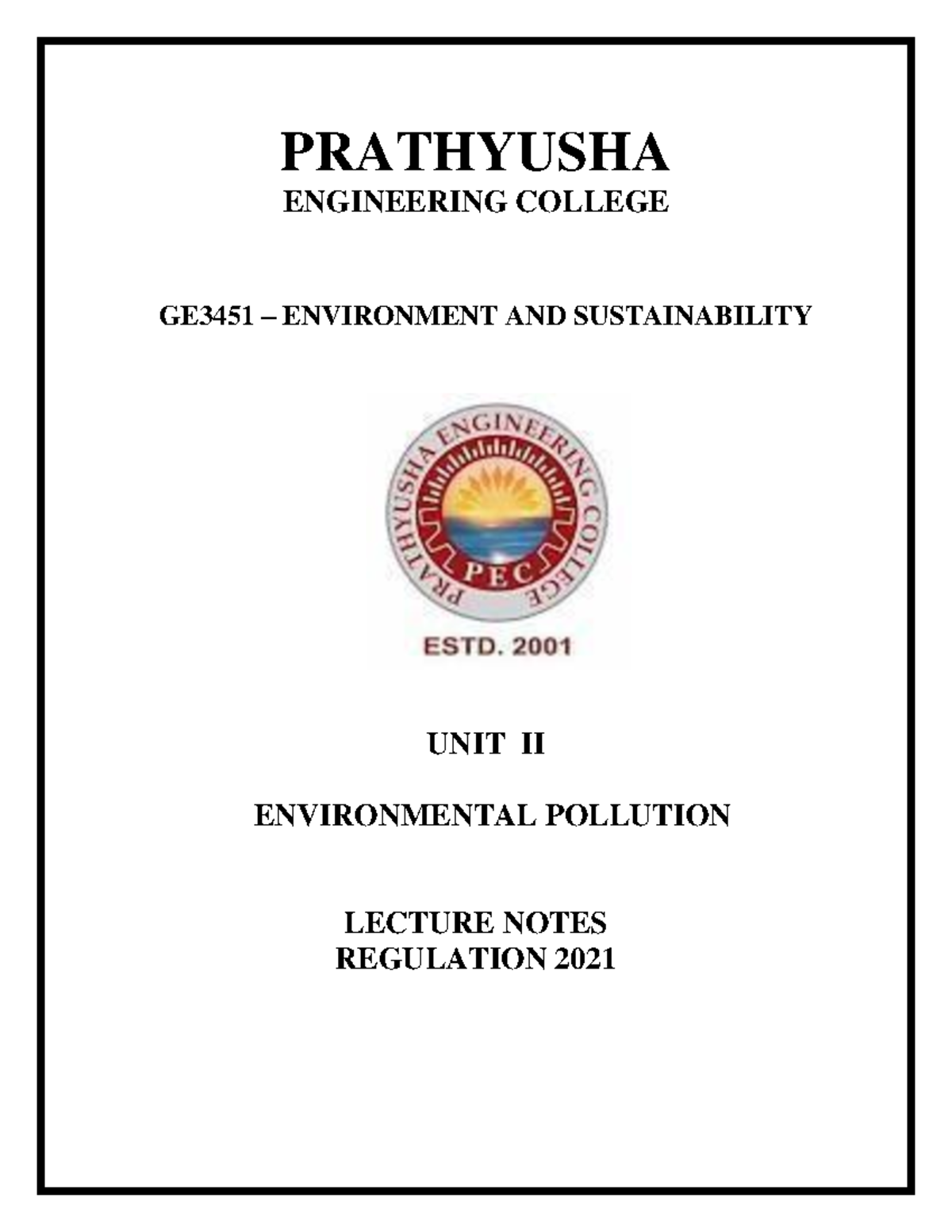 EVS UNIT 2 pdf - EVS - PRATHYUSHA ENGINEERING COLLEGE GE3451 – ENVIRONMENT AND SUSTAINABILITY ...