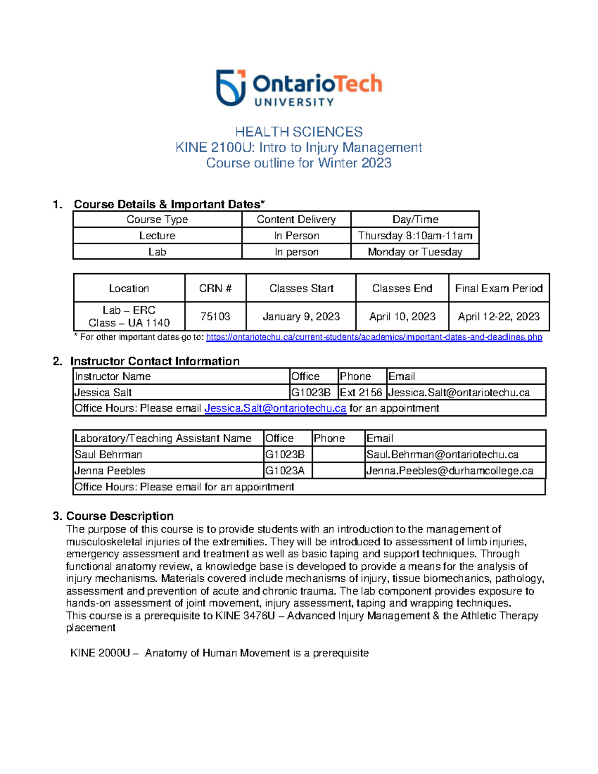 KINE 2100U Winter 2023 Course Outline - HEALTH SCIENCES KINE 2100U ...