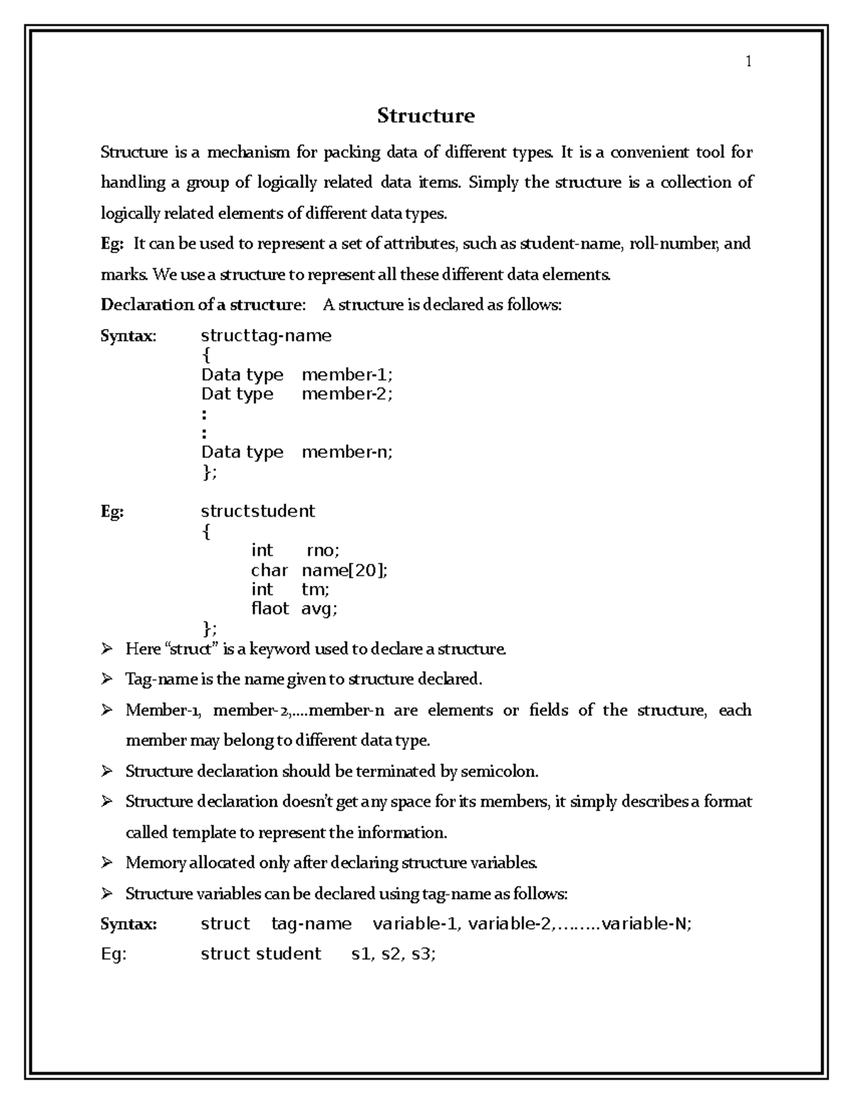 UNIT-5 - Declaration and definition of a structure. Accessing the members of the structure - Studocu