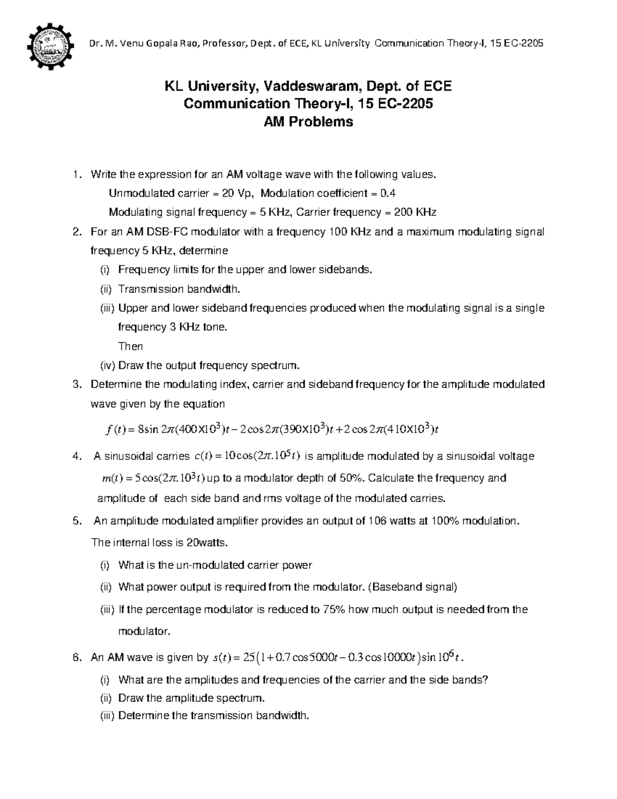 Communication Theory I 15 EC 2205 AM Pro - KL University, Vaddeswaram, Dept. of ECE ...