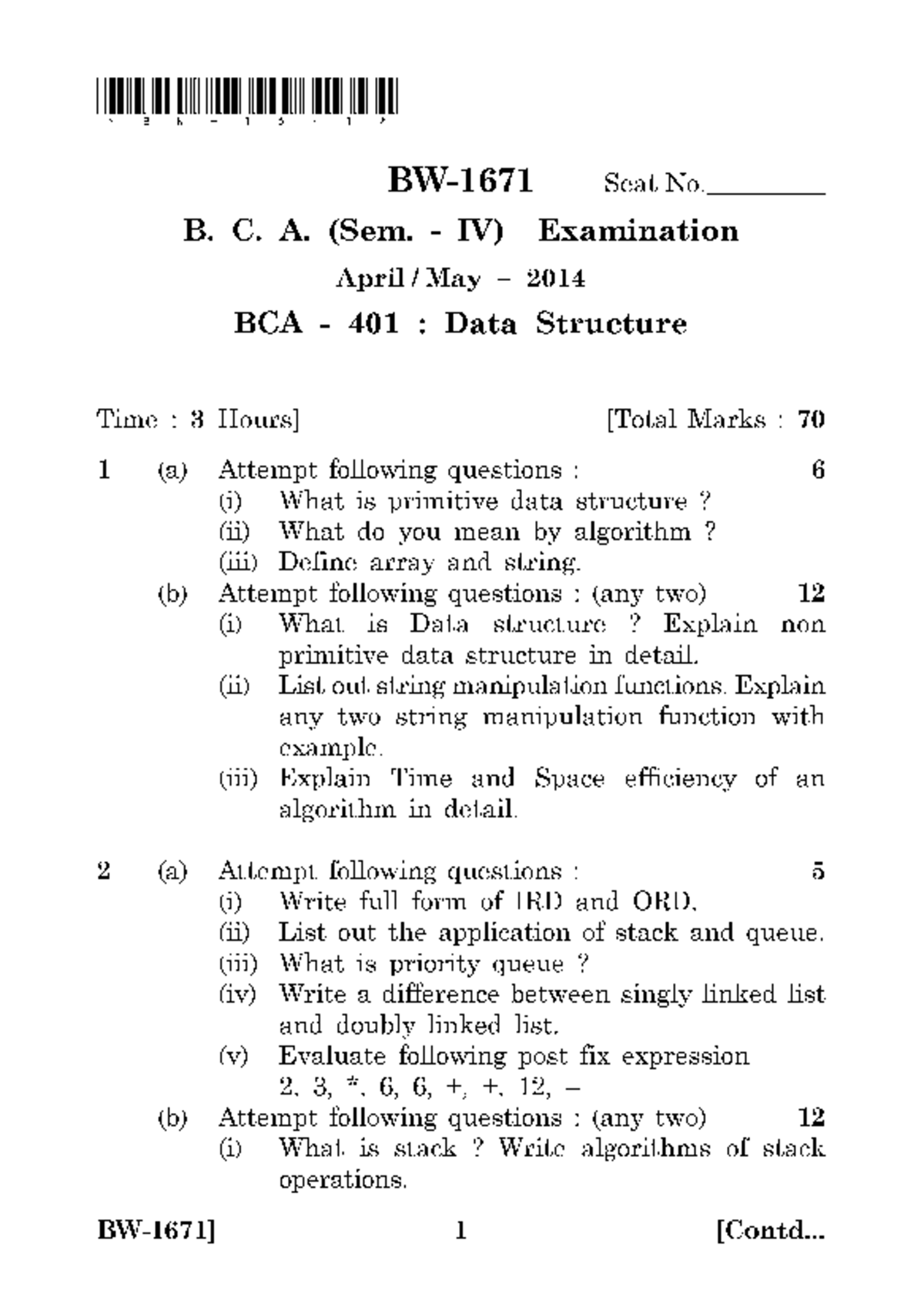 B. C. A. (Sem. - IV) Examination April May – 2014 BCA - 401 Data ...