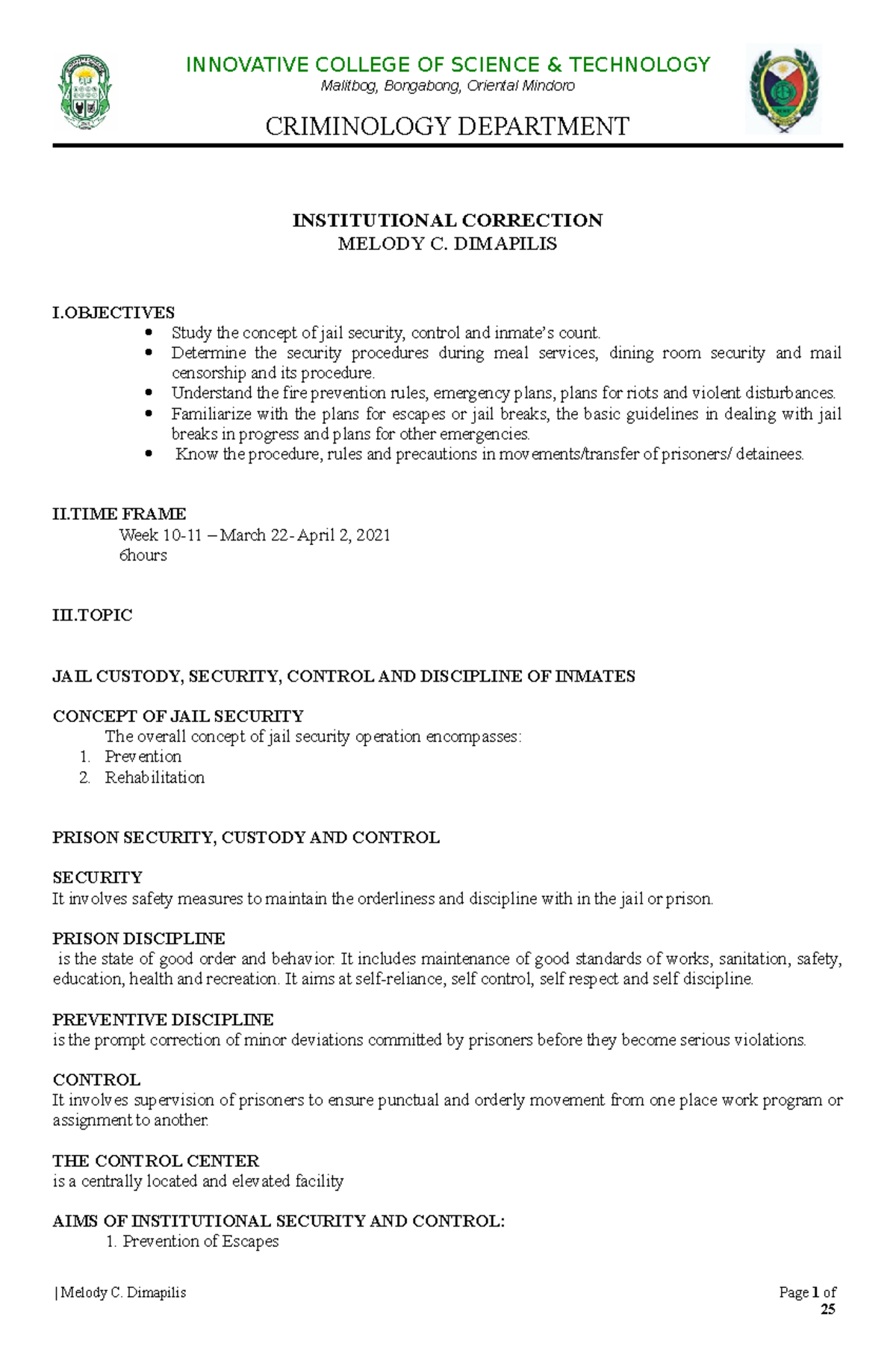 Institutional Correction Module Finals - INNOVATIVE COLLEGE OF SCIENCE ...