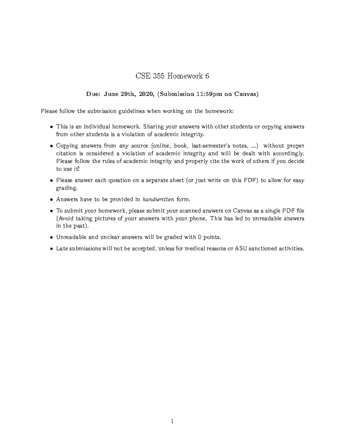 Cse 355 Summer 20 Hw06 Cse 355 Homework 6 Due June 29th 2020 Submission 11 59pm On Canvas