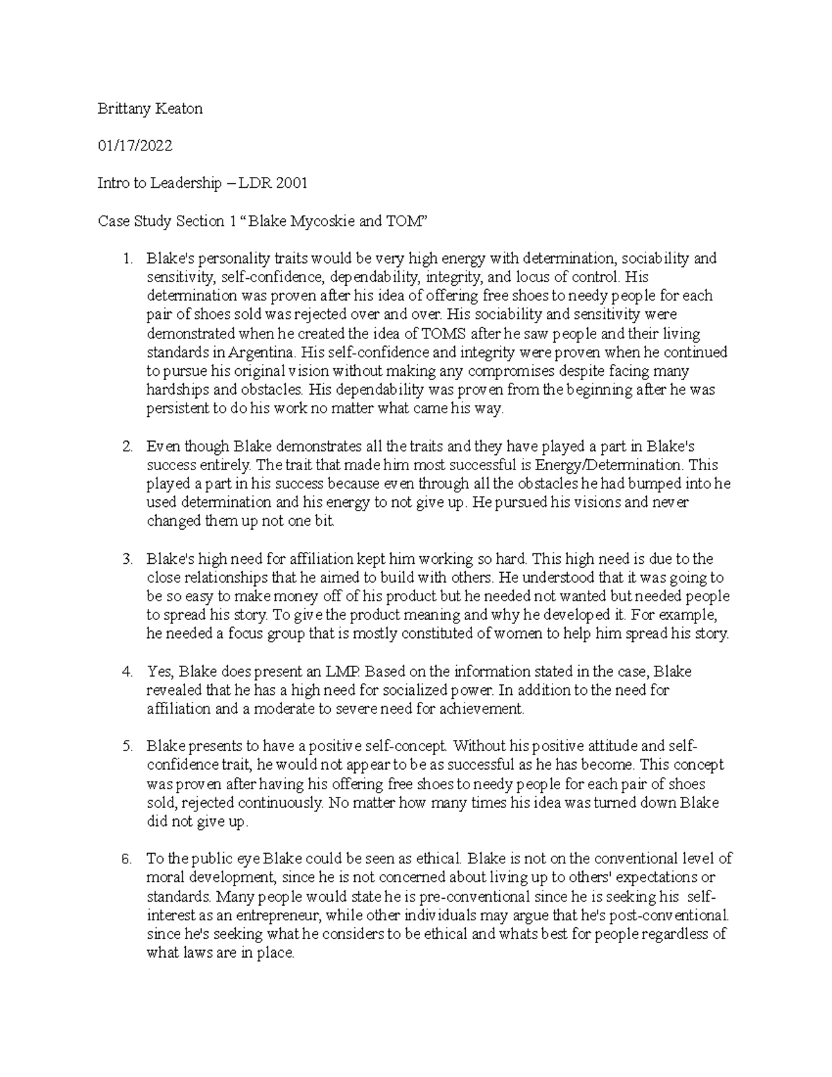 Leadership Case Study Section 1 - Brittany Keaton 01/17/ Intro to ...