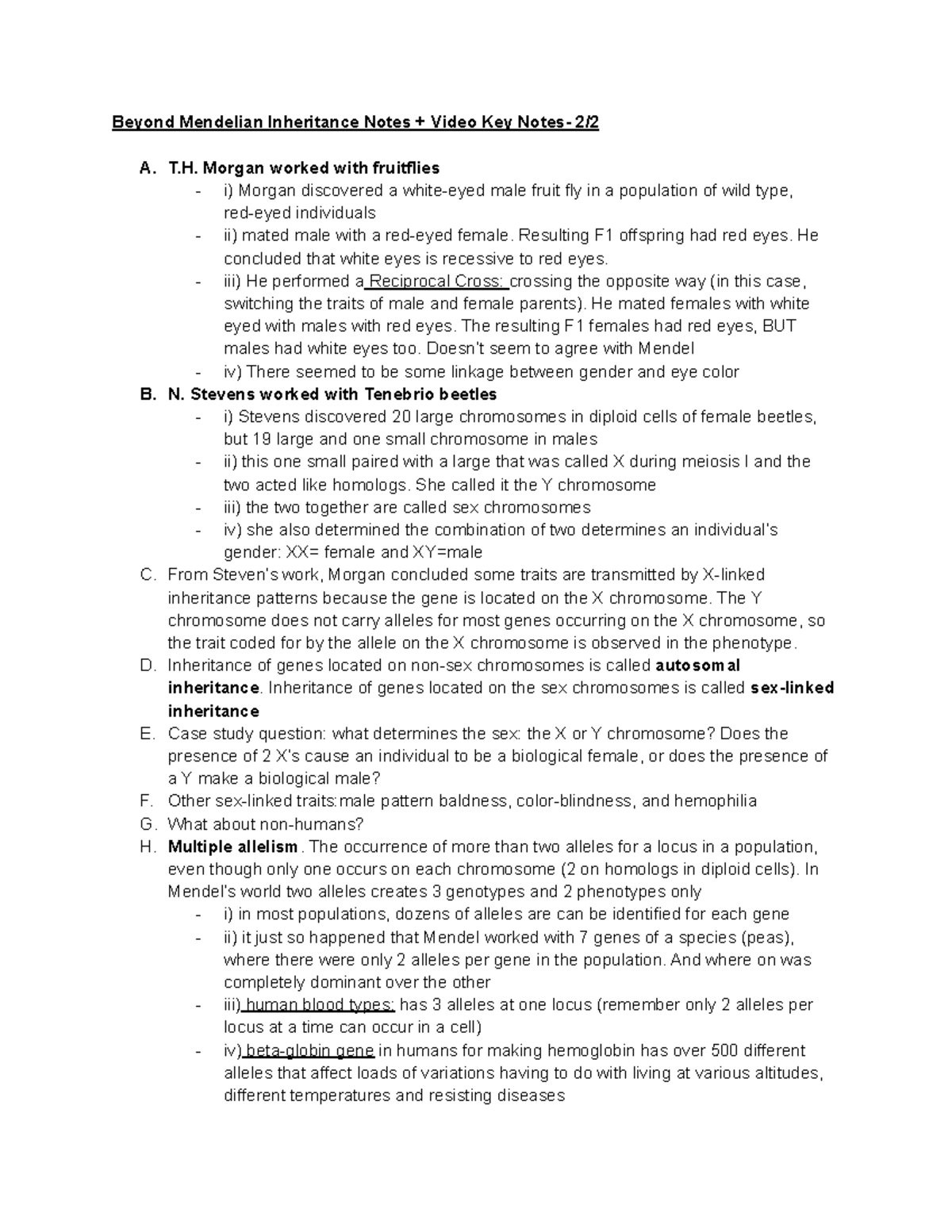 BIO 114- Beyond Mendelian Inheritance Notes - Beyond Mendelian ...