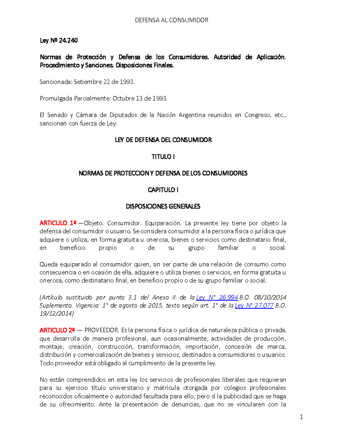 Ley - 24.240 Defensa al consumidor - DC - Ley Nº 24. 240 Normas de ...