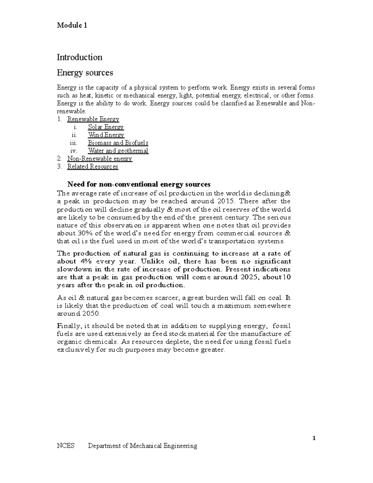 NCES Module 1 FULL - ncer notes - 1 Introduction Energy sources Energy ...