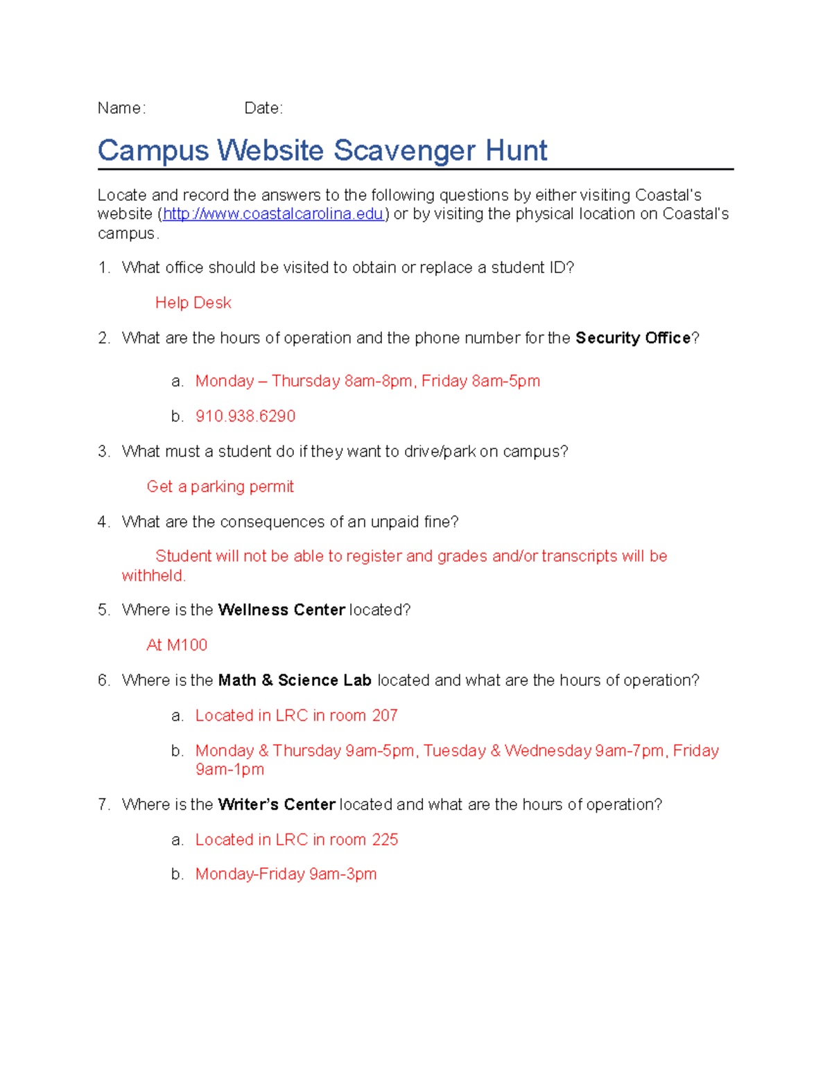 Campus Website Scavenger Hunt - Name: Date: Campus Website Scavenger ...