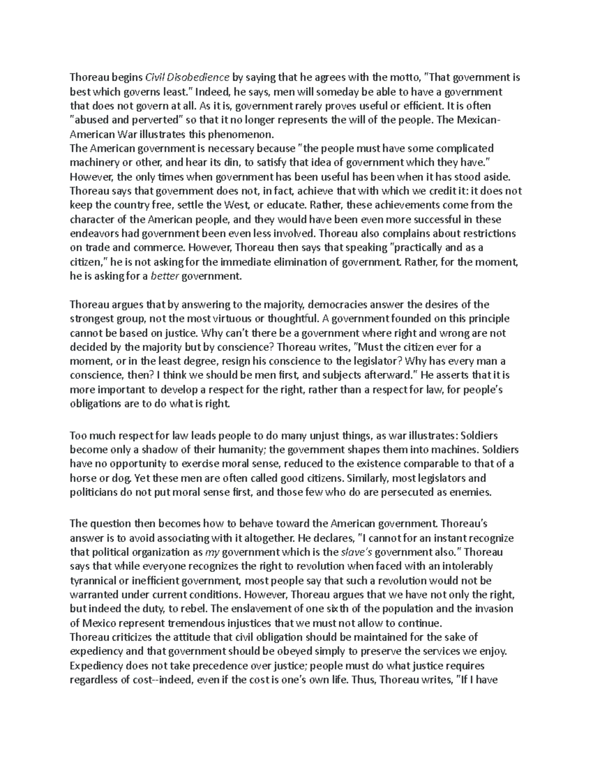 Philosophy 193 - Lecture Notes - Thoreau begins Civil Disobedience by ...