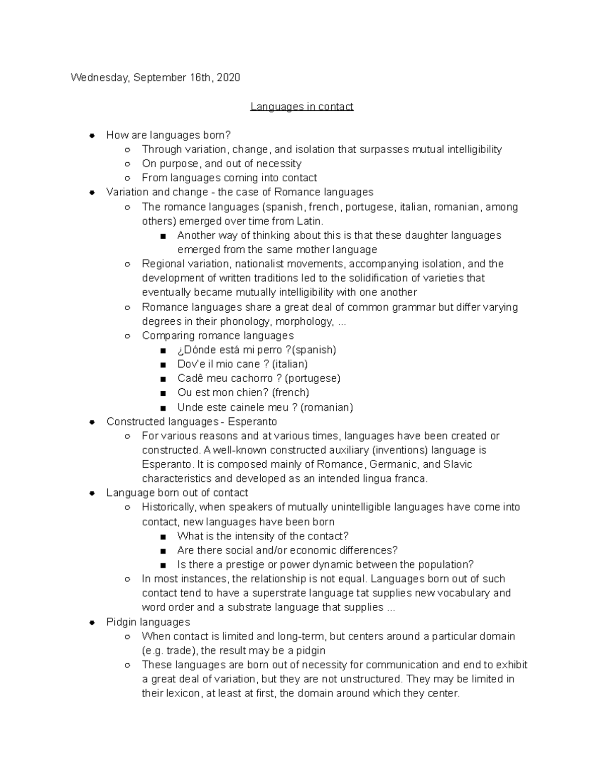 Class Notes Languages in Contact - Wednesday, September 16th, 2020 ...