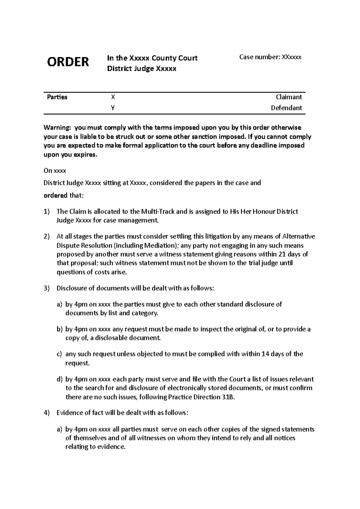 Standard multi track directions - ORDER In the Xxxxx County ...