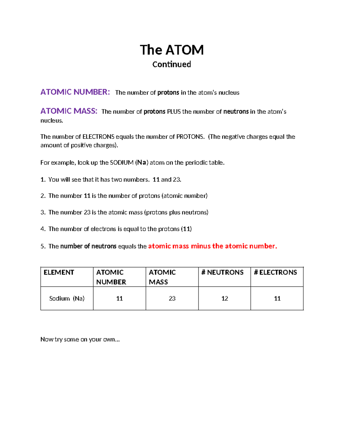 Note 6.7A2 - The atom (continued) - The ATOM Continued ATOMIC NUMBER ...
