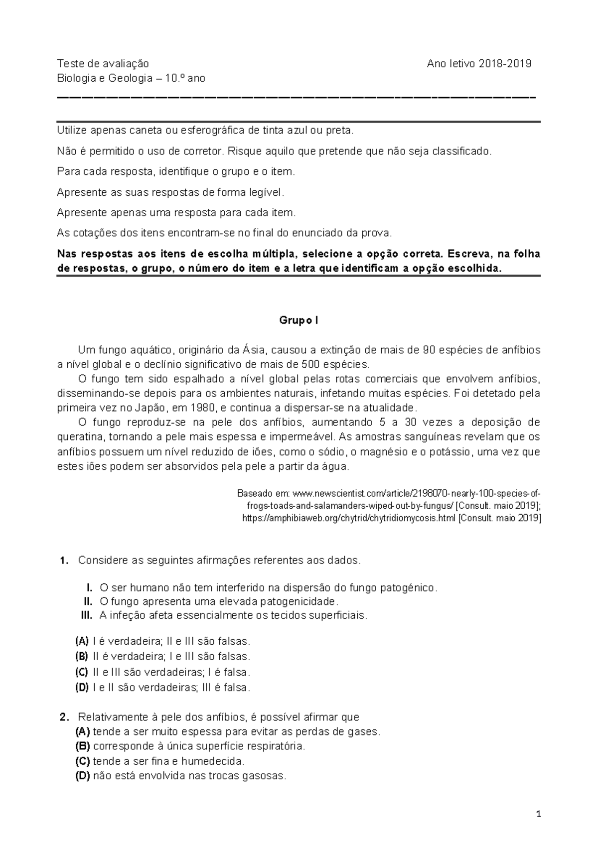 Biogeo 10 teste 5 - Teste de avaliação Ano letivo 2018- Biologia e ...
