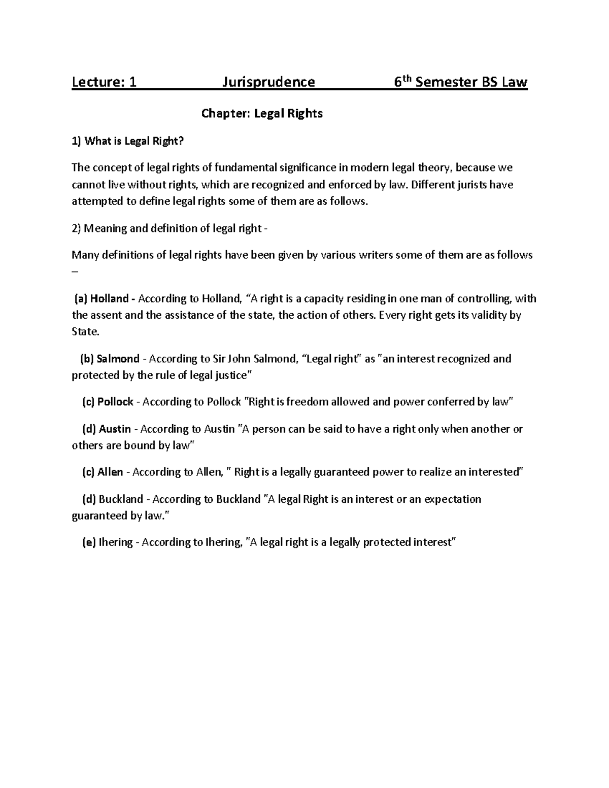 6th legal rights in juris - Lecture: 1 Jurisprudence 6 th Semester BS ...
