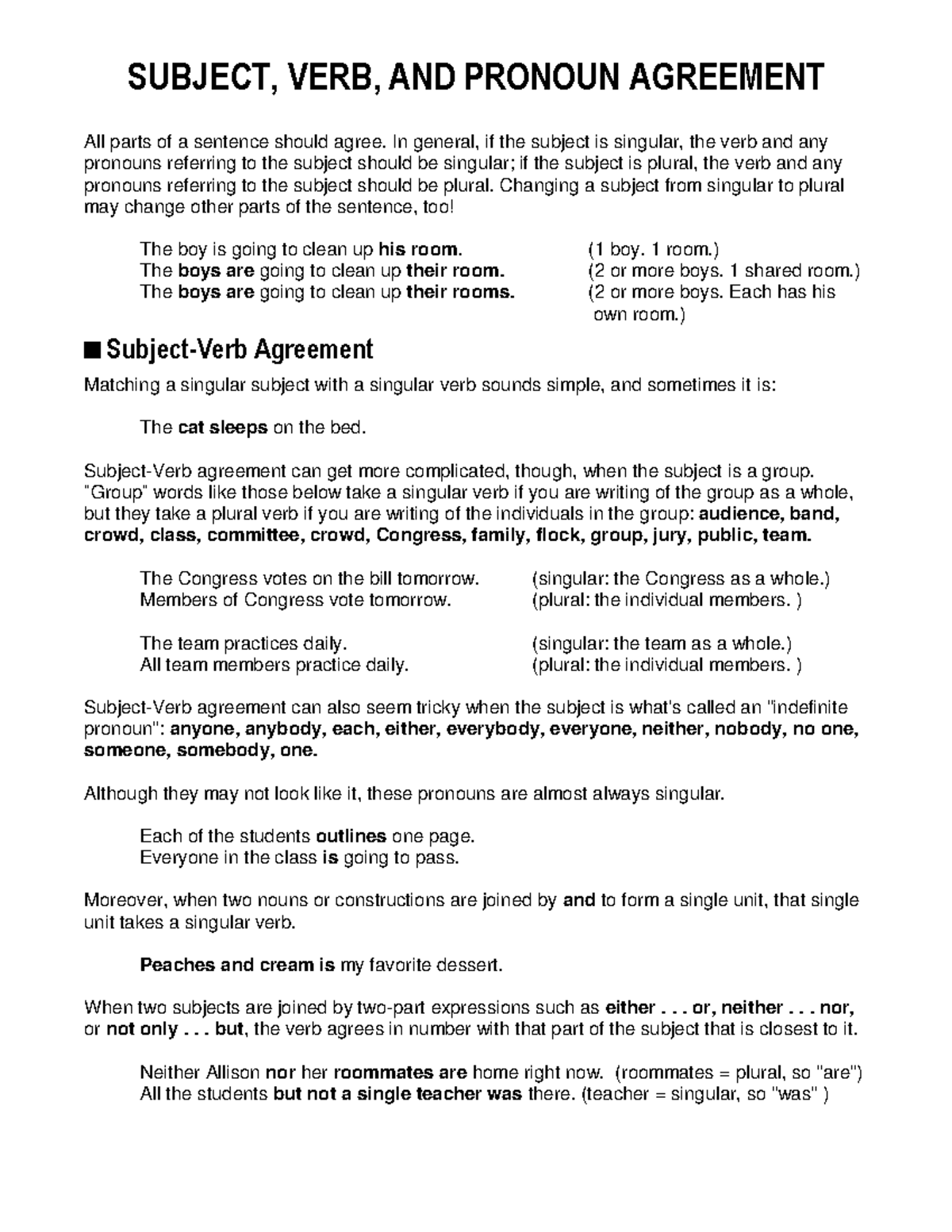 Agreement - Lecture notes - SUBJECT, VERB, AND PRONOUN AGREEMENT All ...