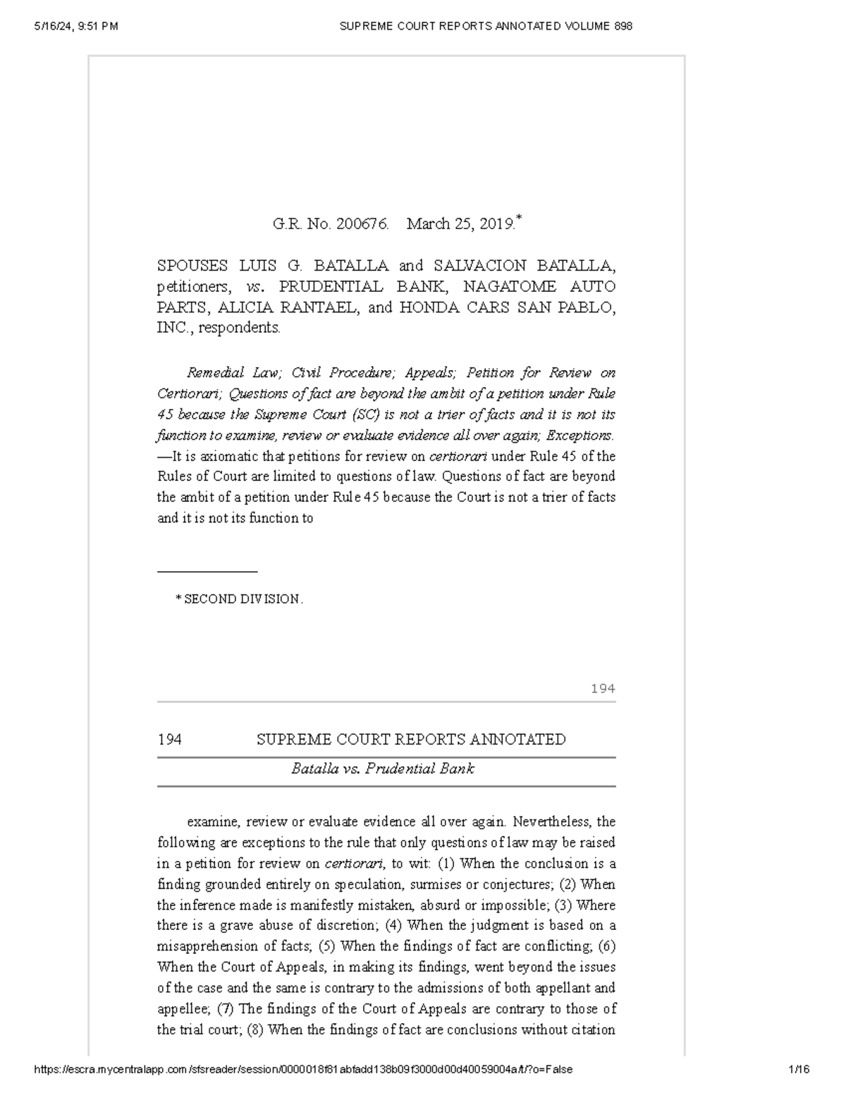 Spouses Batalla v. Prudential Bank (G.R. No. 2006 76, March 25, 2019 ...