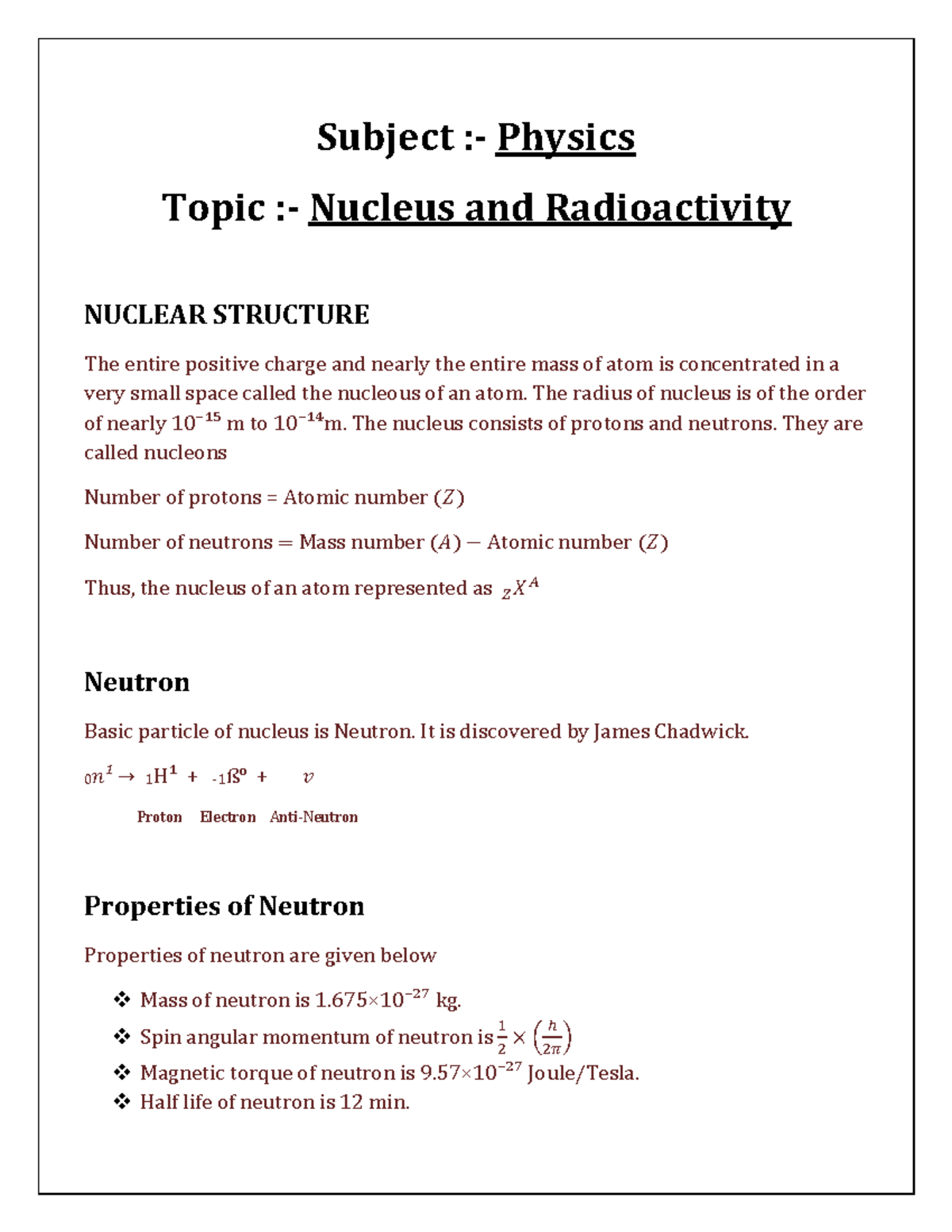Nucleus and Radioactivity class notes - Subject :- Physics Topic ...