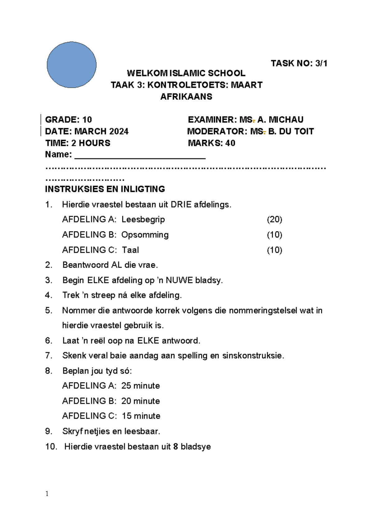 TAAK 3 graad 10 - TASK NO: 3/ WELKOM ISLAMIC SCHOOL TAAK 3 ...
